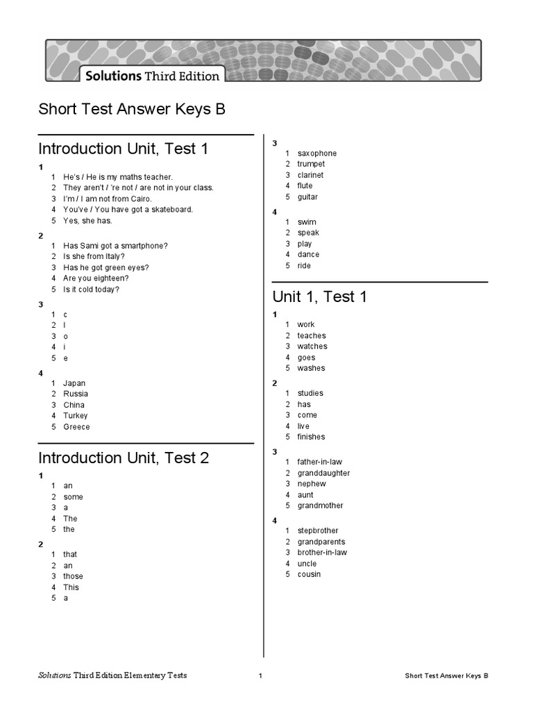 Sol3e Elem Short Test Answer Keys B | PDF