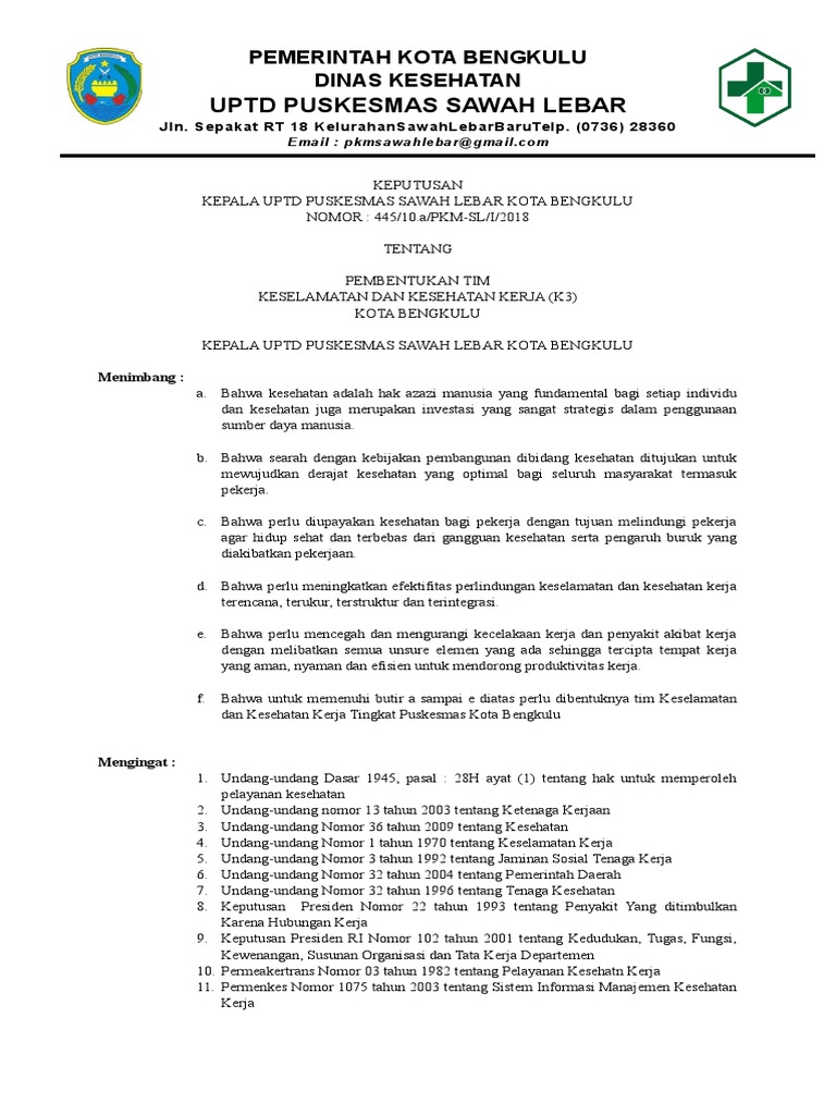 Pembentukan Tim K3 Puskesmas Bengkulu | PDF