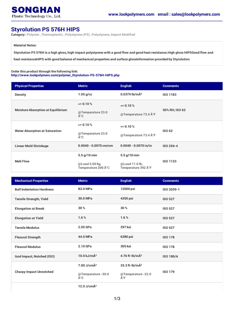 Styrolution PS 576H HIPS | PDF | Polystyrene | Ultimate Tensile Strength