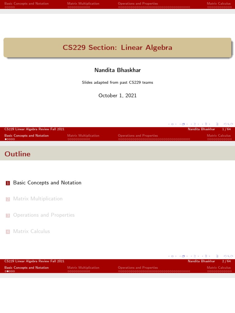 CS229 Linear Algebra Basics Guide | PDF | Matrix (Mathematics) | Determinant