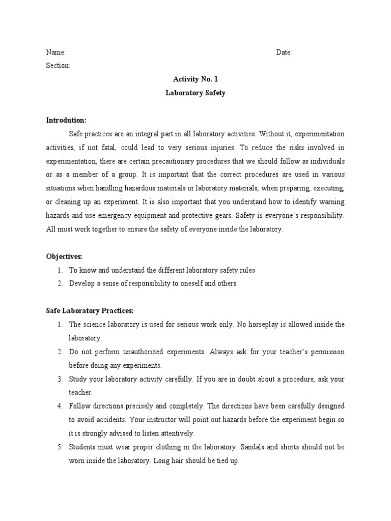 Activity No.1 Lab Safety | PDF | Laboratories | Experiment Activity No.1 Lab Safety | PDF | Laboratories | Experiment