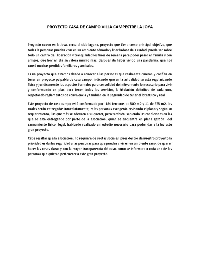 Proyecto Casa de Campo Villa Campestre La Joya | PDF