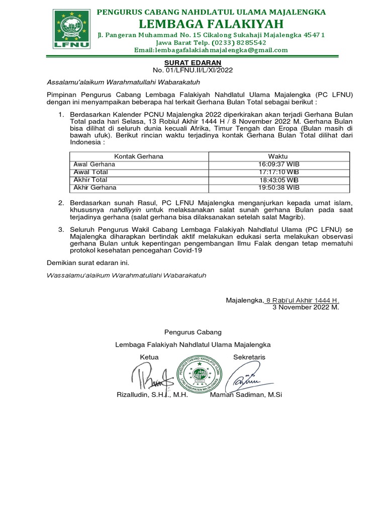 Surat Edaran Gerhana Bulan Nov-2022 LFNU MJLK | PDF | Agama & Spiritualitas Surat Edaran Gerhana Bulan Nov-2022 LFNU MJLK | PDF | Agama & Spiritualitas