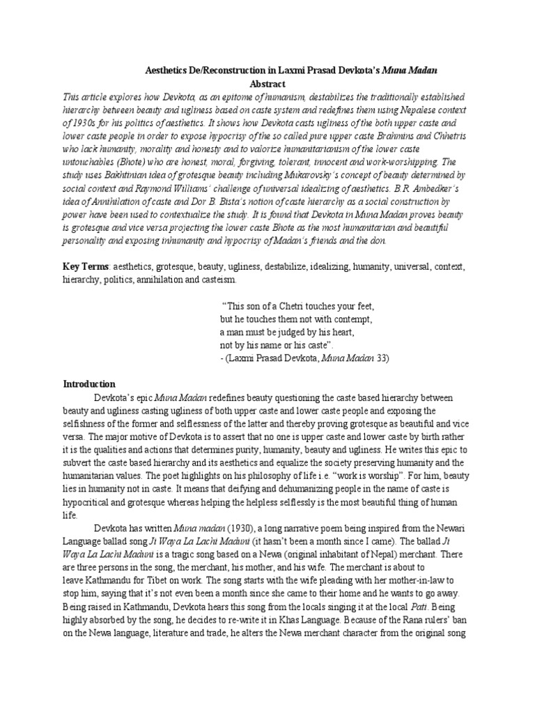 Aesthetics DeReconstruction in Laxmi Prasad Devkota's Muna Madan | PDF