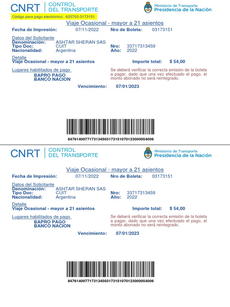 Viaje Ocasional - Mayor A 21 Asientos: Código para Pago Electrónico ...