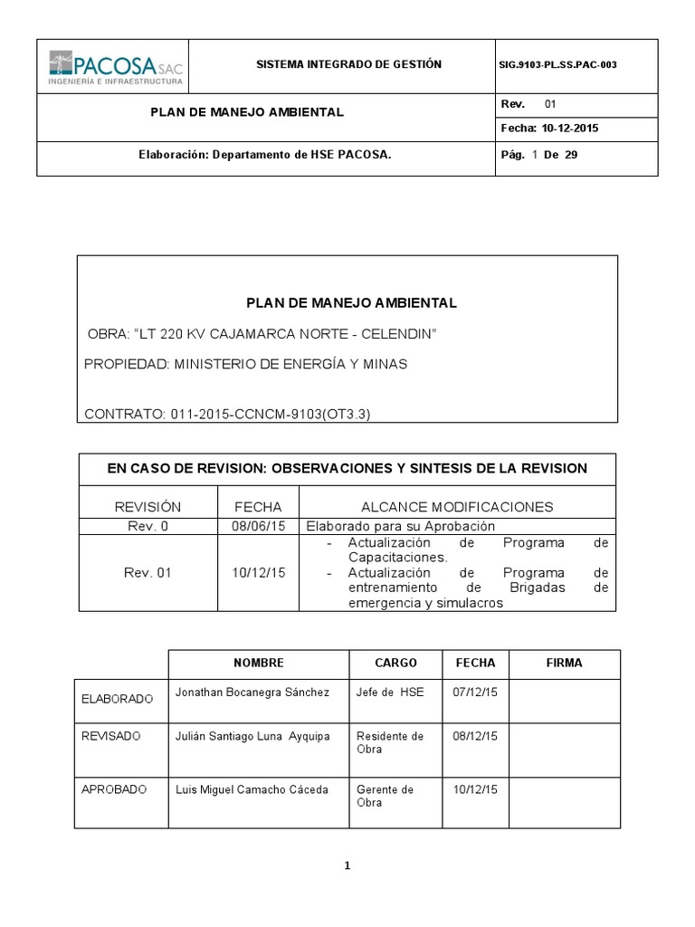 Plan de Manejo Ambiental Rev.1 | PDF | Residuos | Evaluación de impacto ambiental