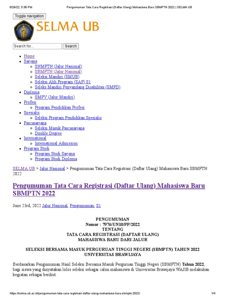 Pengumuman Tata Cara Registrasi (Daftar Ulang) Mahasiswa Baru SBMPTN 2022 - SELMA UB | PDF
