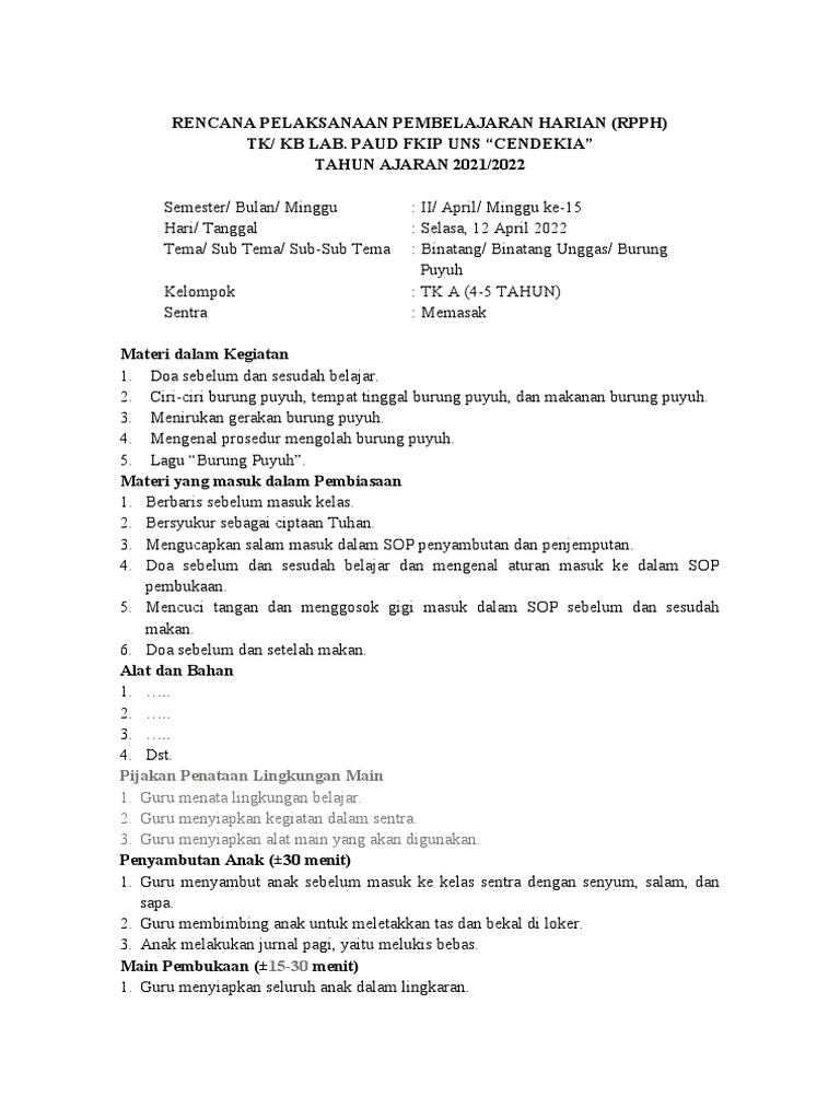 Contoh RPPH Model Sentra (Sentra Memasak 1) | PDF | Kesehatan Holistik ...