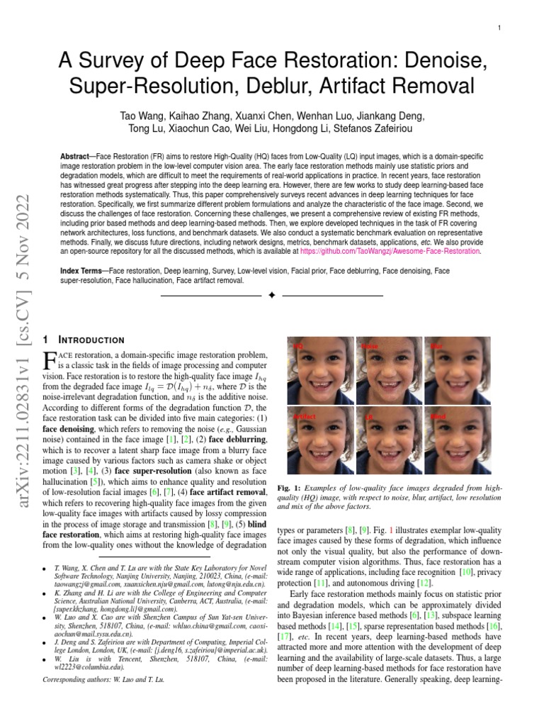 A Survey of Deep Face Restoration: Denoise, Super-Resolution, Deblur, Artifact Removal | PDF ...