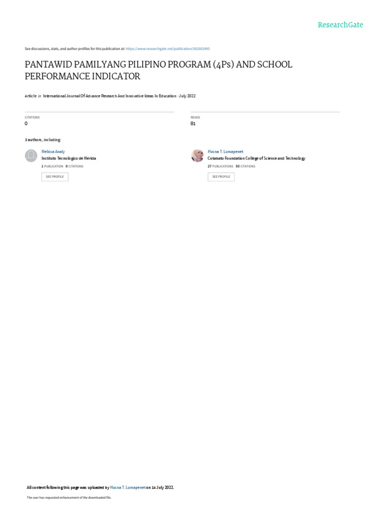 Pantawid Pamilyang Pilipino Program 4Ps and School Performance Indicator Ijariie17766 | Download ...
