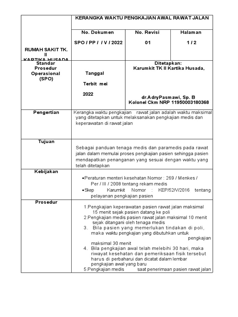 SPO Kerangka Waktu Ass Awal Rawat Jalan Fix 2 | PDF