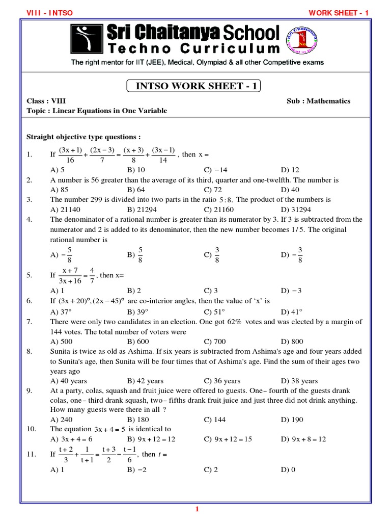8 - Class Intso Work Sheet - 1 - Linear Equations | PDF | Numbers ...