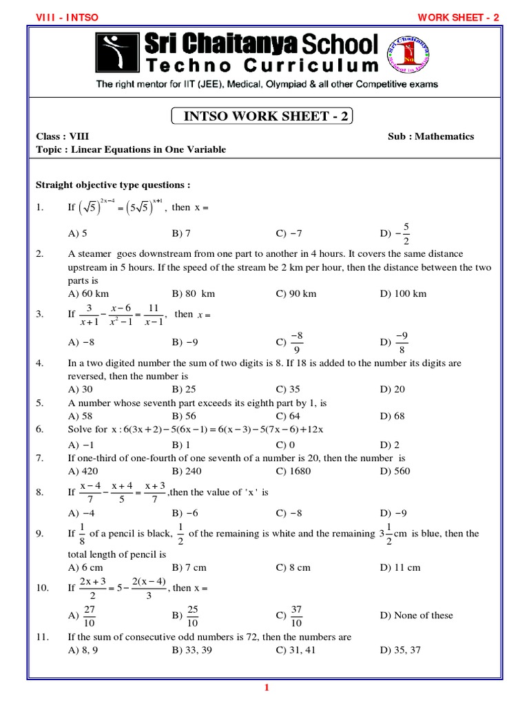 8 - Class Intso Work Sheet - 2 - Linear Equations | PDF | Equations | Speed