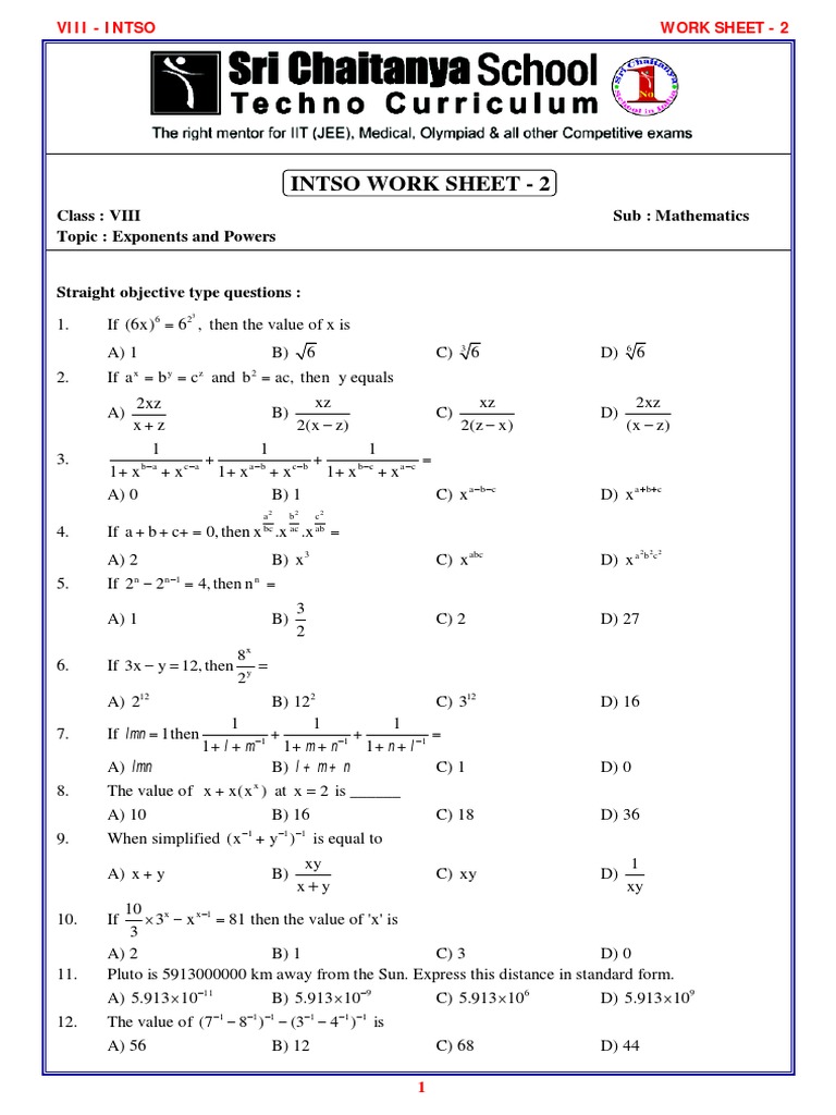 8 - Class INTSO Work Sheet - 2 - Exponents and Powers | PDF | Mathematics