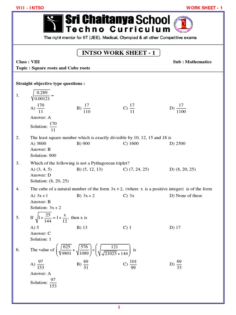 8 - Class INTSO Work Sheet - 1 - Square Roorts and Cube Roots | PDF