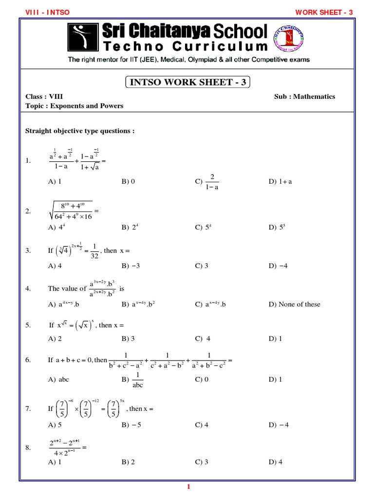 8 - Class INTSO Work Sheet - 3 - Exponents and Powers | Download Free ...
