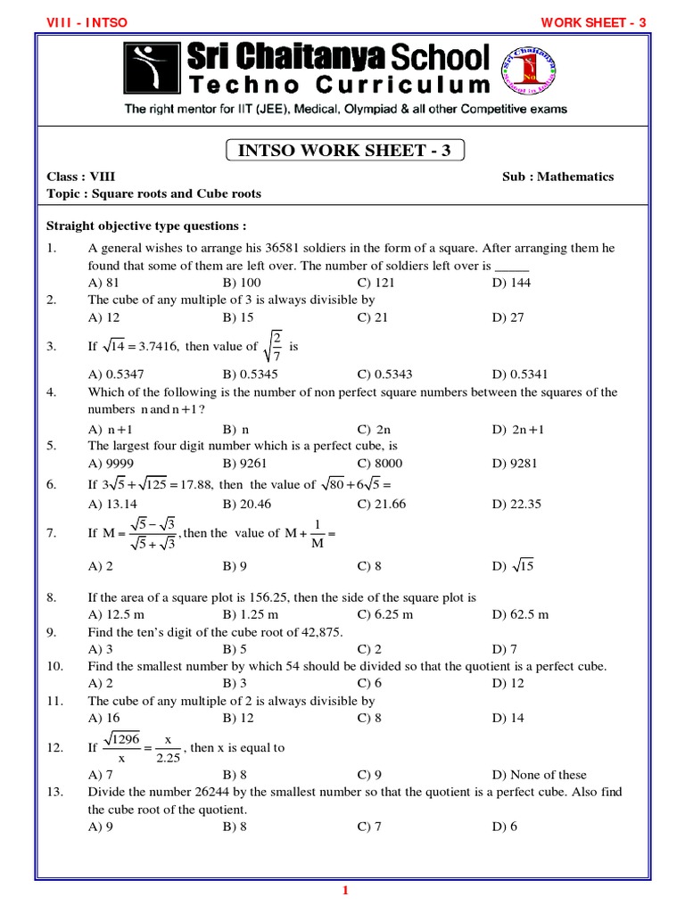 VIII - INTSO Worksheet - 3 Maths Square and Cube Roots | PDF | Numbers ...