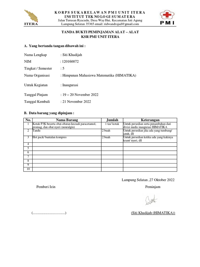 Surat Peminjaman Alat KSR | PDF
