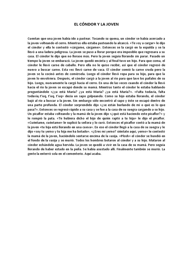 EL CONDOR Y LA JOVEN Cuento Andino | PDF