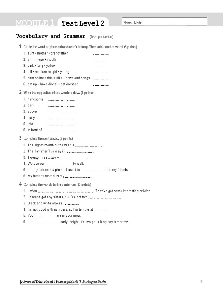 05AdvancedThinkAhead1 Mod1 TL2 | PDF | Language Arts & Discipline