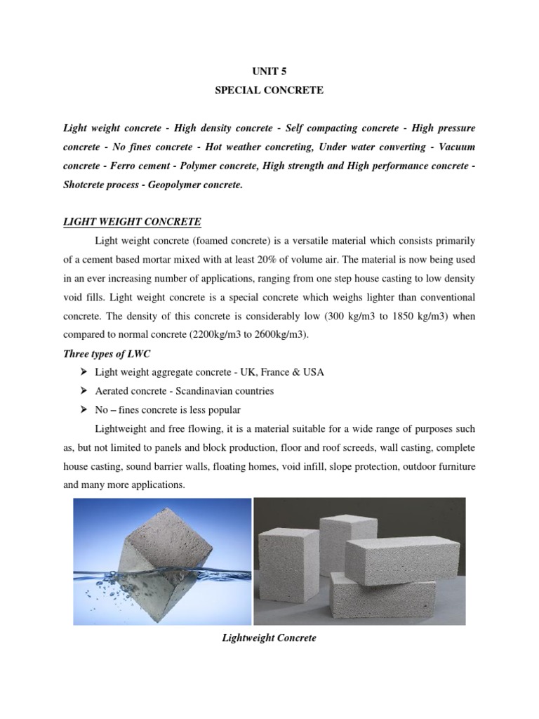 Special concreteSCI1103-UNIT-5NOTES | PDF | Concrete | Cement