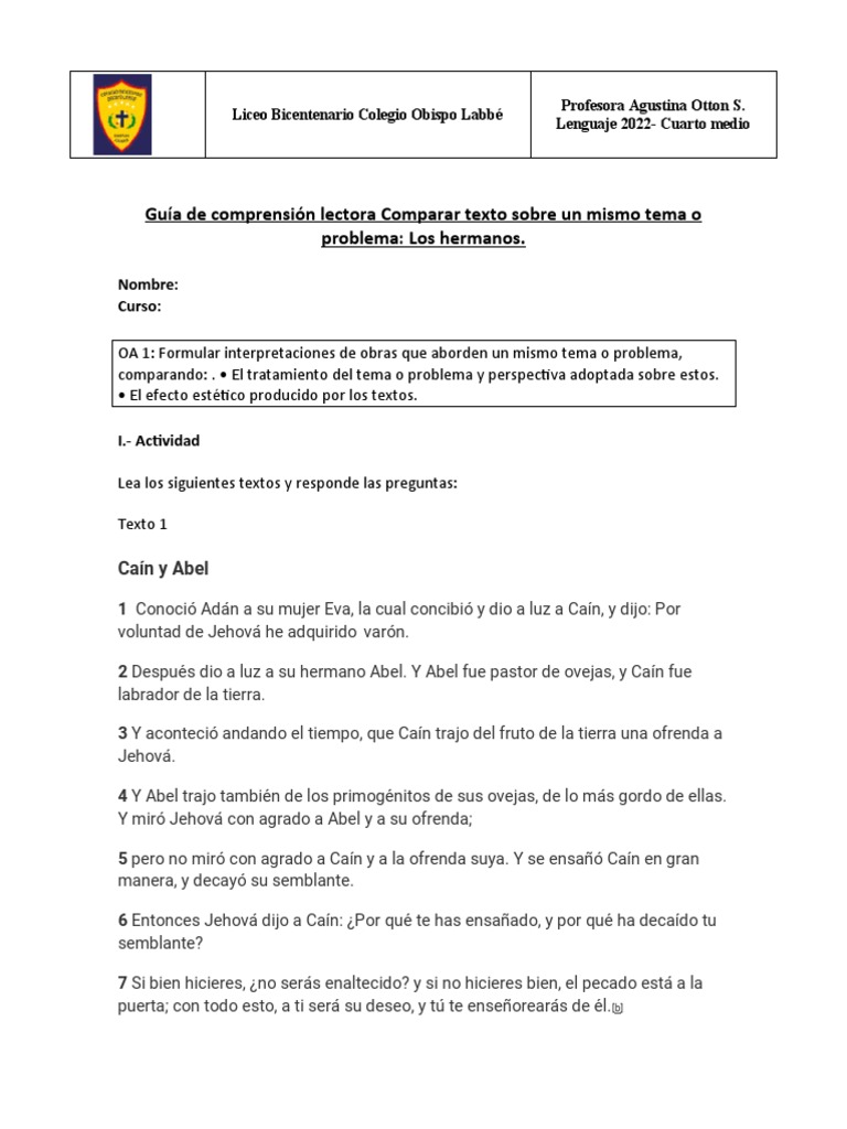 Guía de Comprensión Lectora. Los Hermanos. Comparar Textos | PDF | Verdad