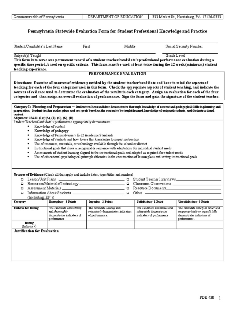 PDE Observation and Evaluation Form | PDF | Teachers | Educational ...