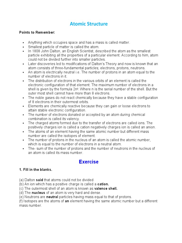 Class 8 Atomic Structure Overview | PDF | Atoms | Ion