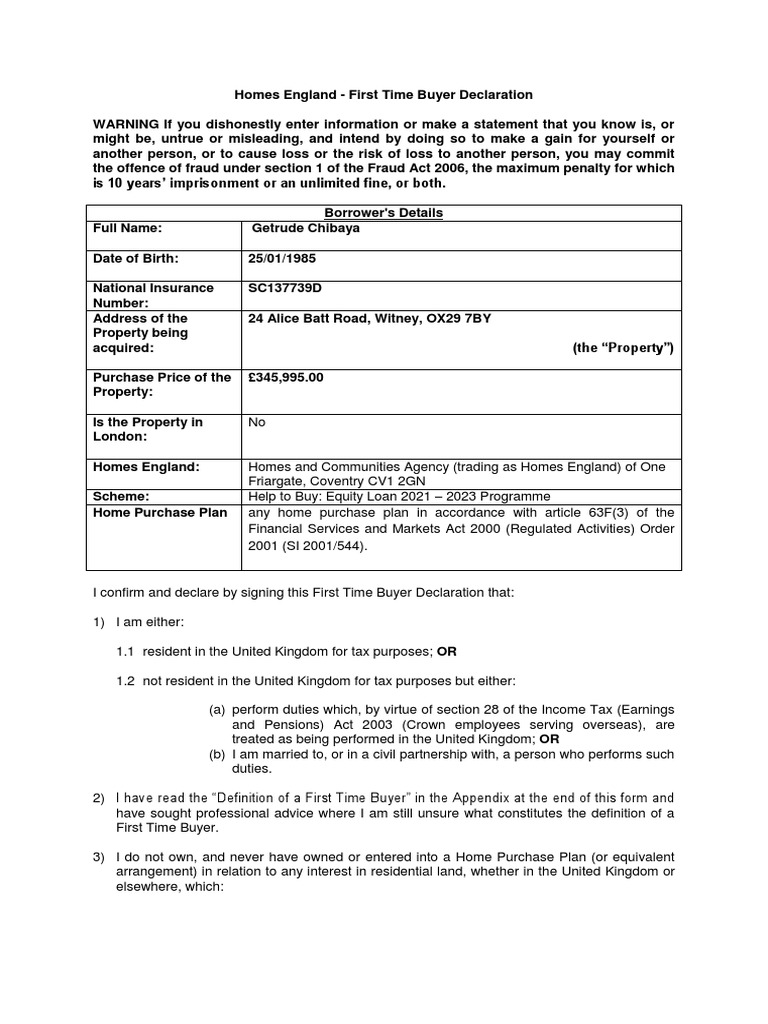 First Time Buyer Declaration Form | PDF | Lease | Leasehold Estate