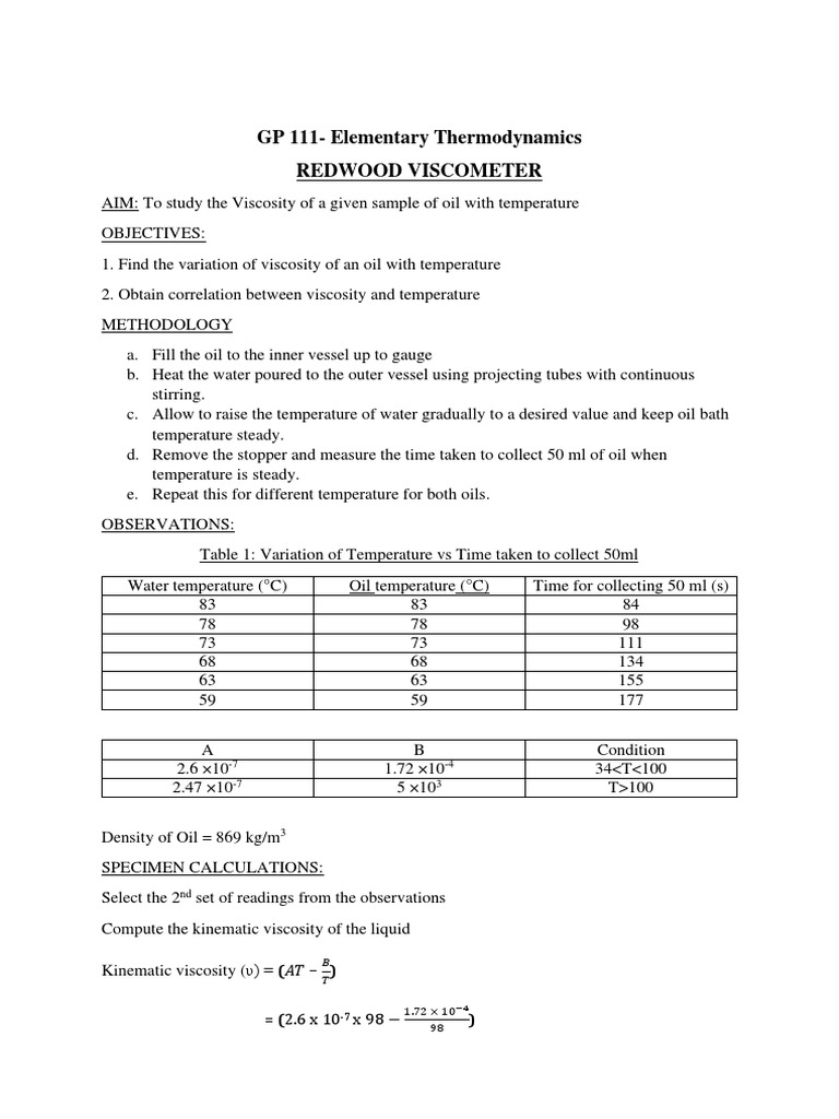 GP 111 (2022) - RedWood Viscometer - Lab Sheet | PDF | Motor Oil | Viscosity