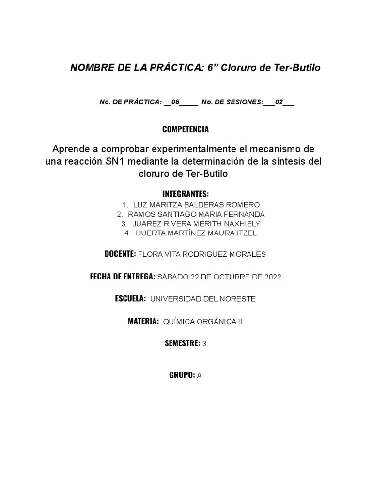 PRACTICA 6 - Cloruro de Ter-Butilo BALDERAS ROMERO LUZ MARITZA | PDF ...