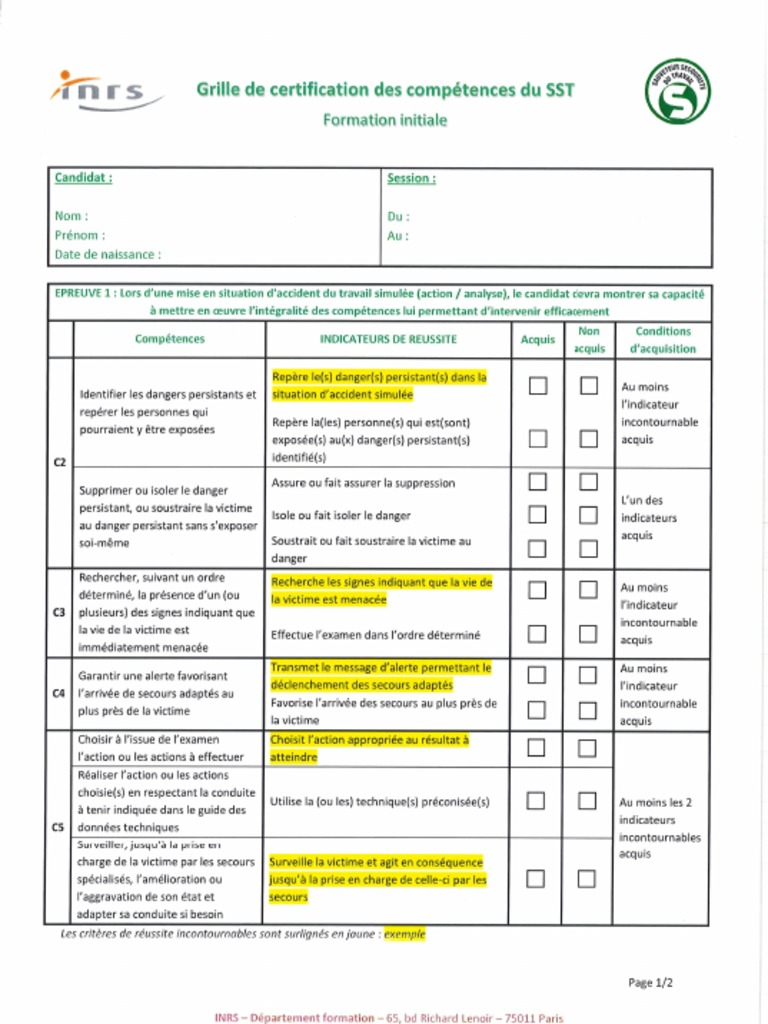 Grille Certification SST Juin 2020 | PDF