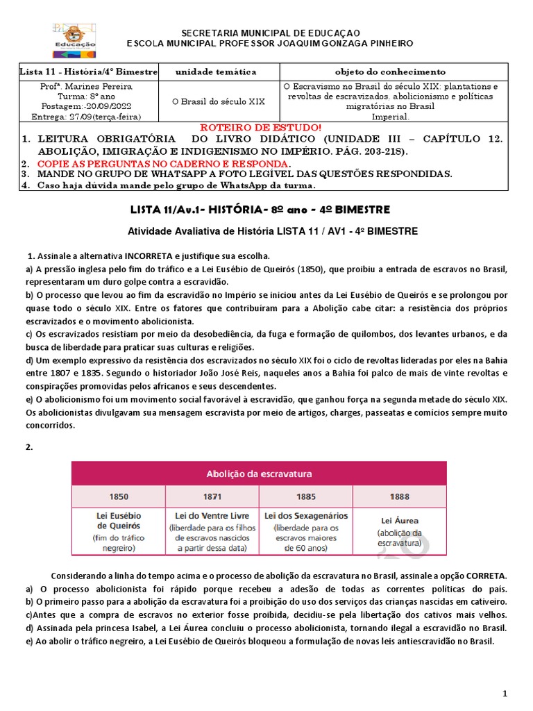 Lista 11 - Historia 4º B - 8ano | PDF | Escravidão | Abolicionismo