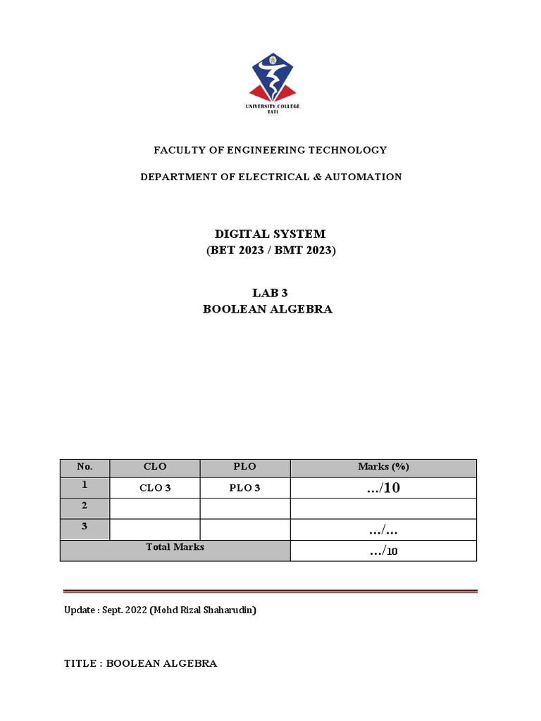 Boolean Algebra Lab for Digital Systems | PDF | Teaching Mathematics | Boolean Algebra