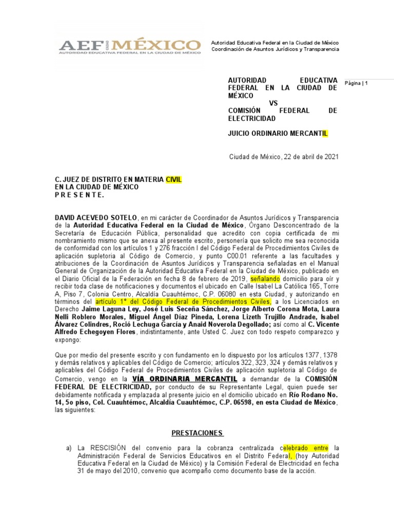 Demanda Mercantil Contra Cfe 2021 Pdf México Ciudad De México