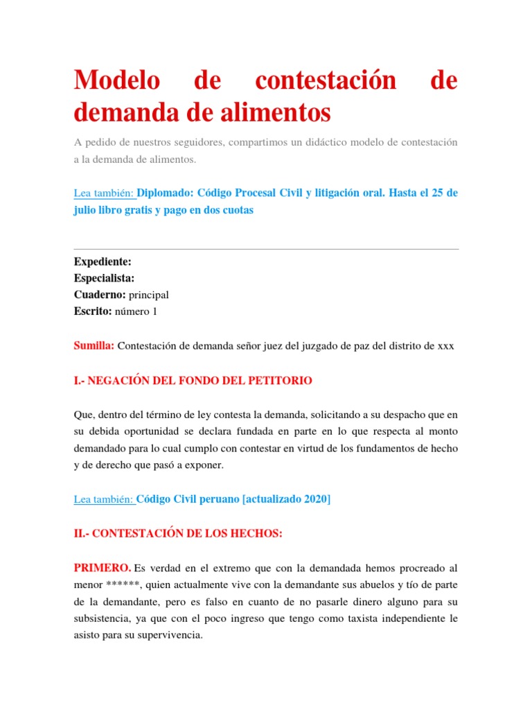 Modelo de Contestación de Demanda de Alimentos | PDF