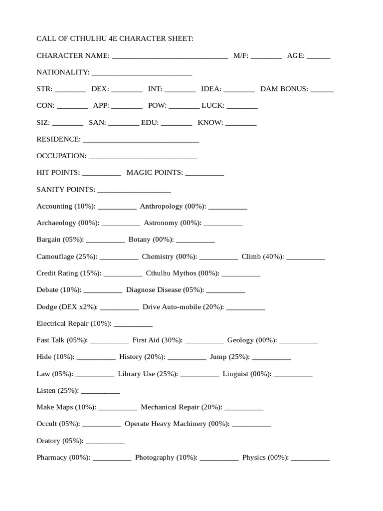 Call of Cthulhu 4e Character Sheet | PDF