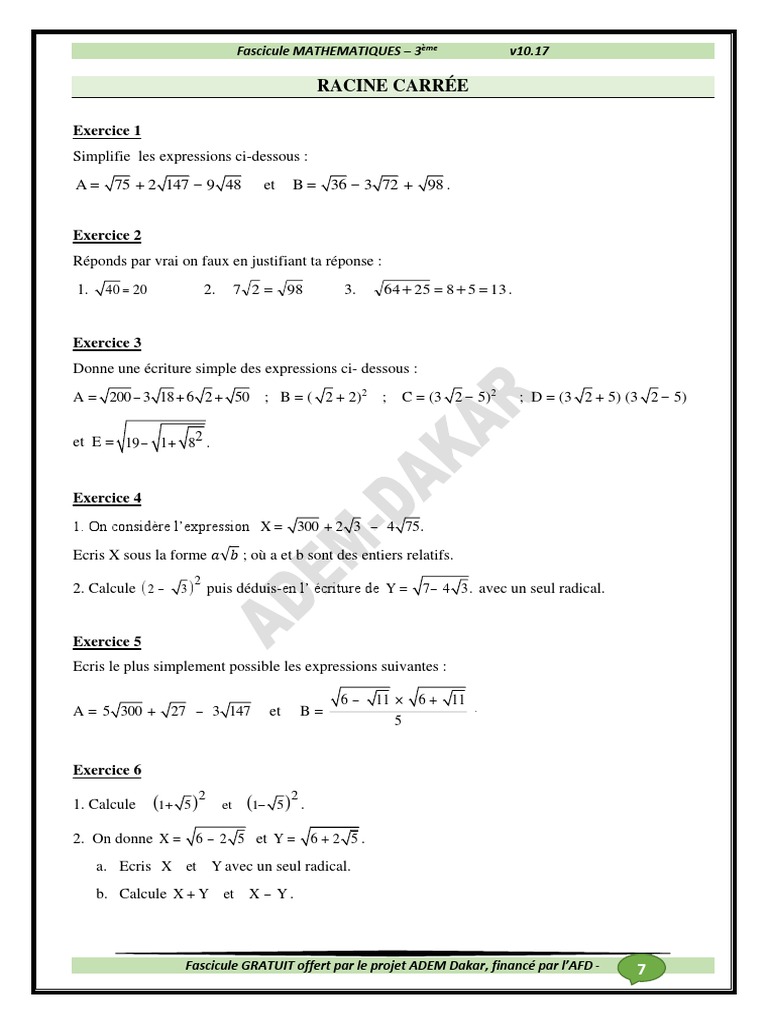Exercices sur la Racine Carrée - 3ème | PDF | Mathématiques | Géométrie