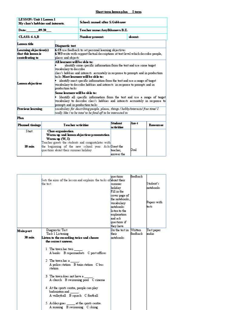 Short Term Lesson Plan 130 I Term | PDF | Question | Lesson Plan