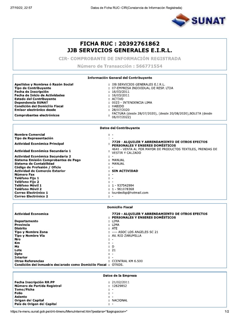 Ficha Ruc Actualizada JJB | PDF