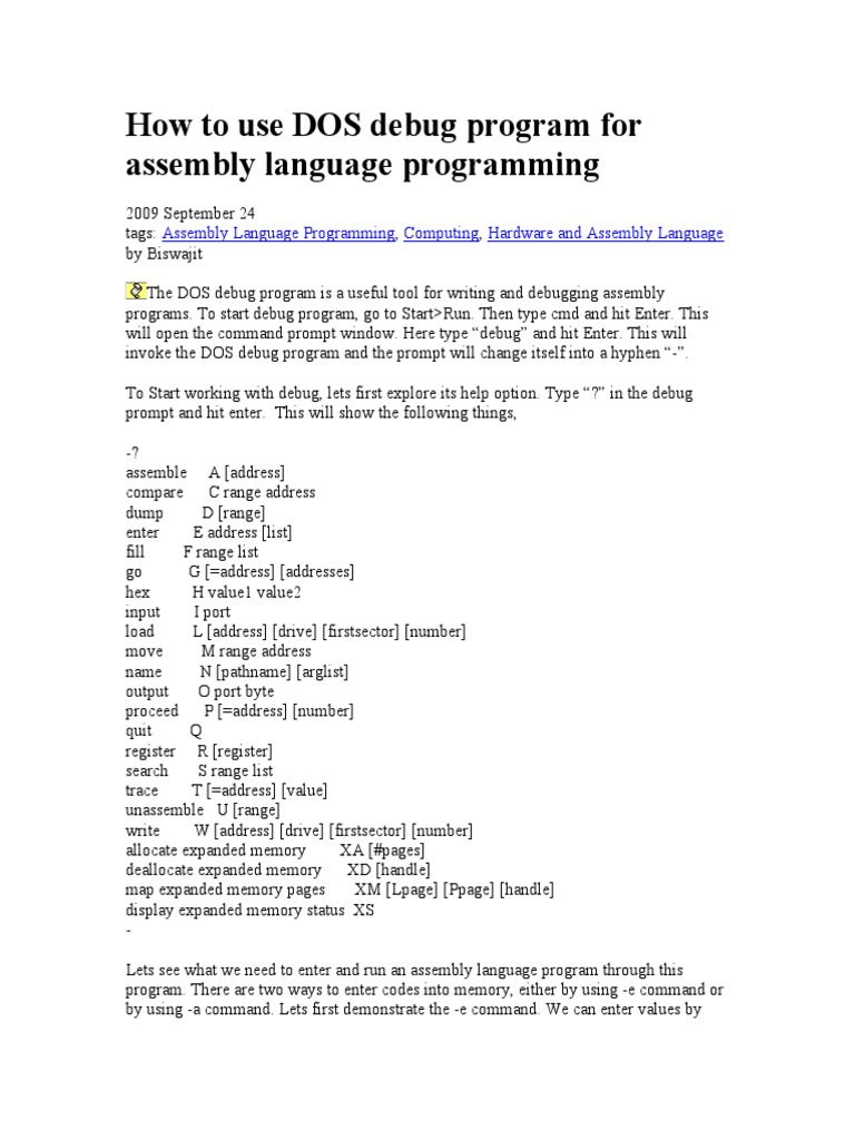 How To Use DOS Debug Program For Assembly Language | PDF