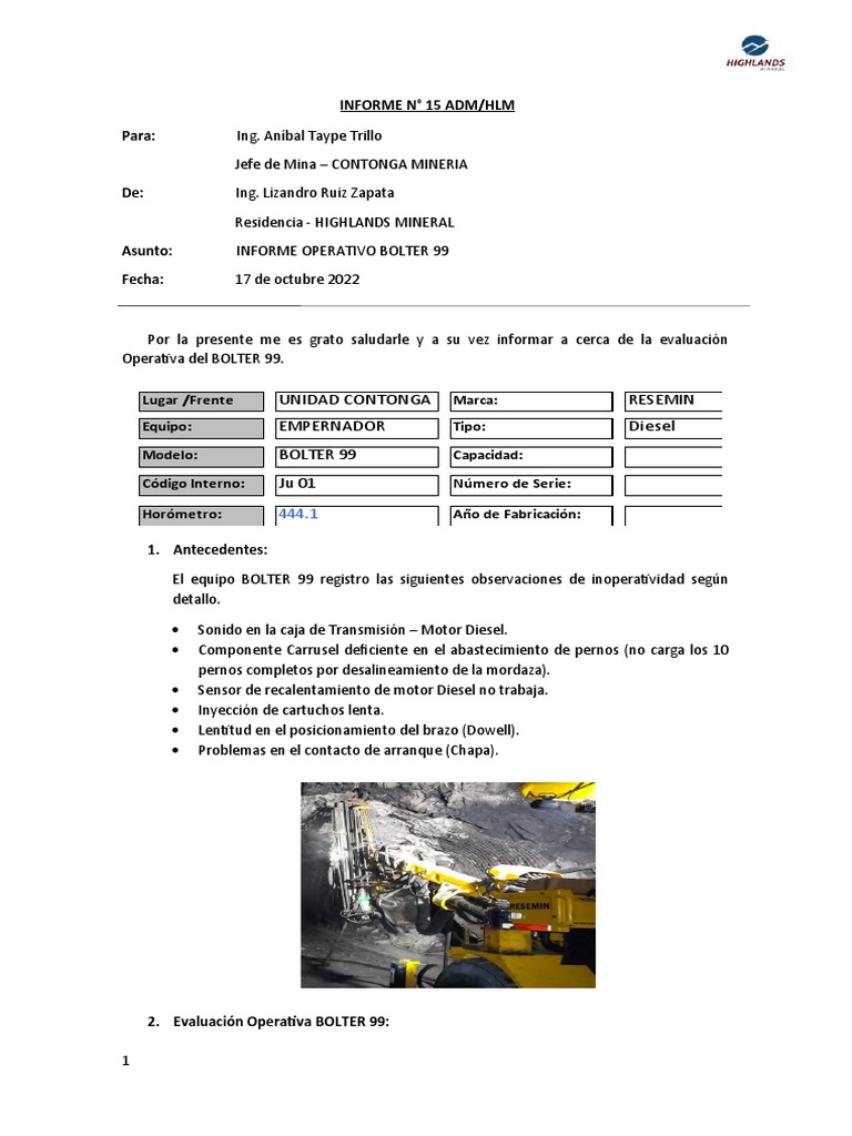 Informe Operativo Bolter 99 | PDF