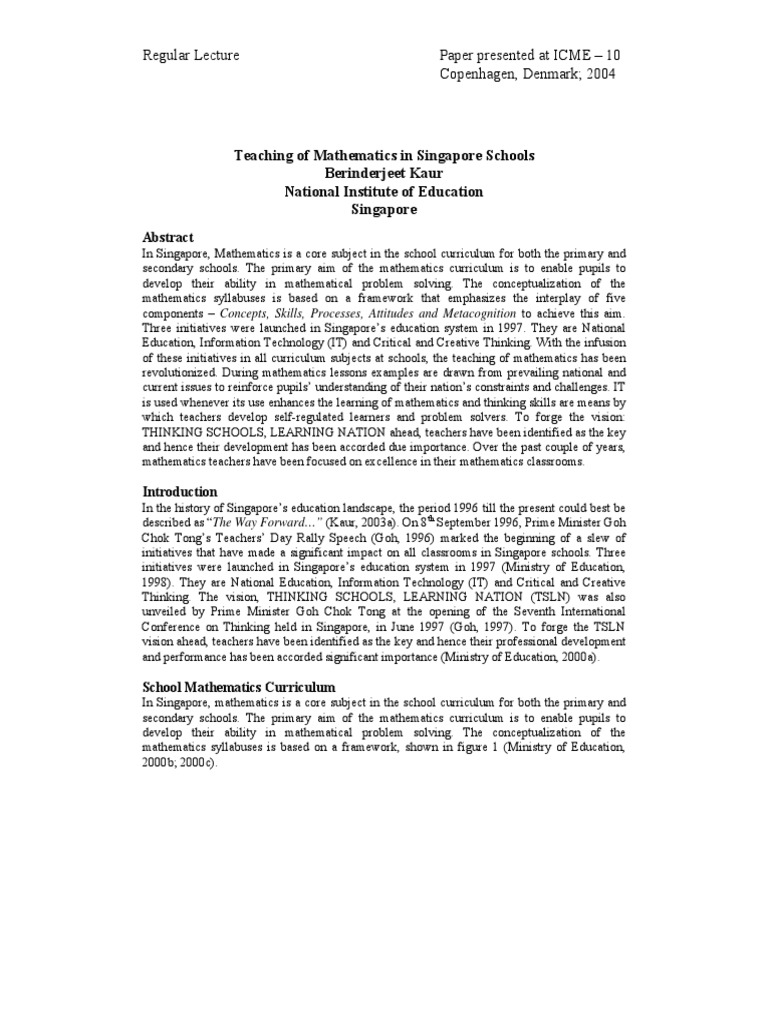 Teaching of Mathematics in Singapore Secondary School | PDF ...