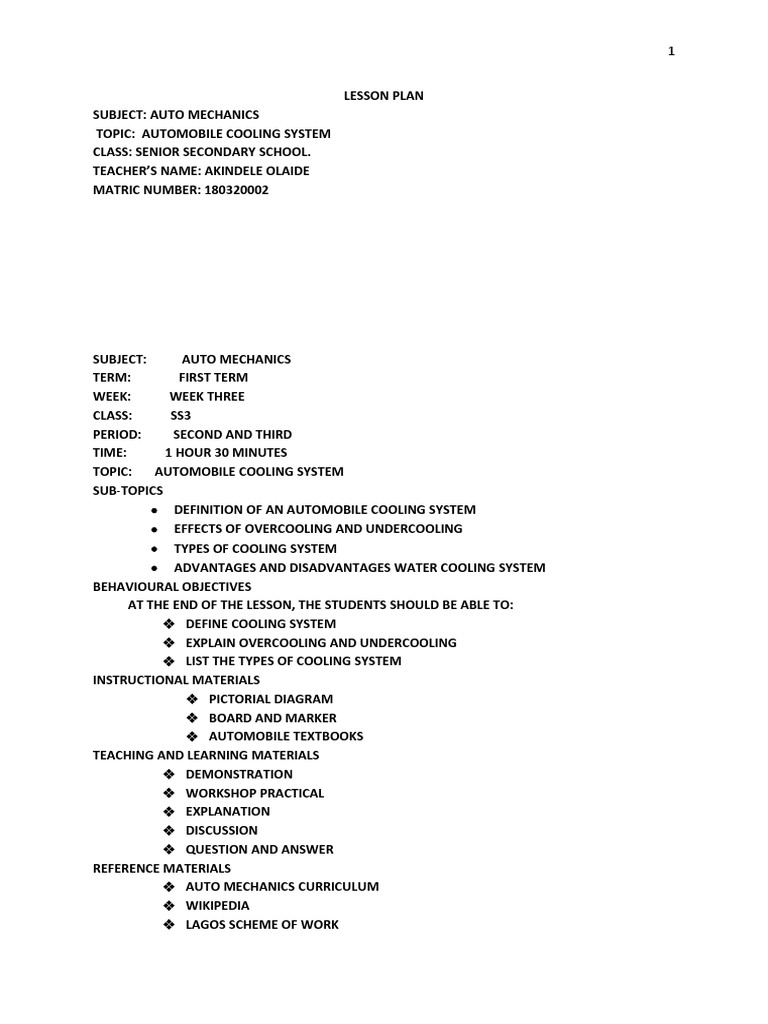 Automobile Cooling System Lesson Plan | PDF | Radiator | Vehicle Parts
