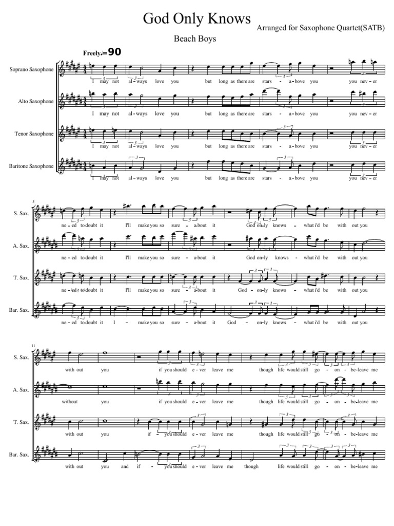 Sax Quartet: God Only Knows | PDF | Quartet | Woodwind Instruments