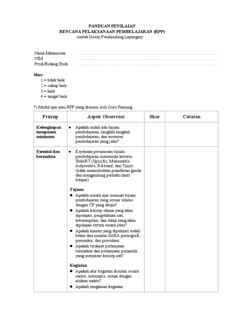Lampiran 9 - Contoh Panduan Penilaian RPP Oleh Dosen Pembimbing | PDF