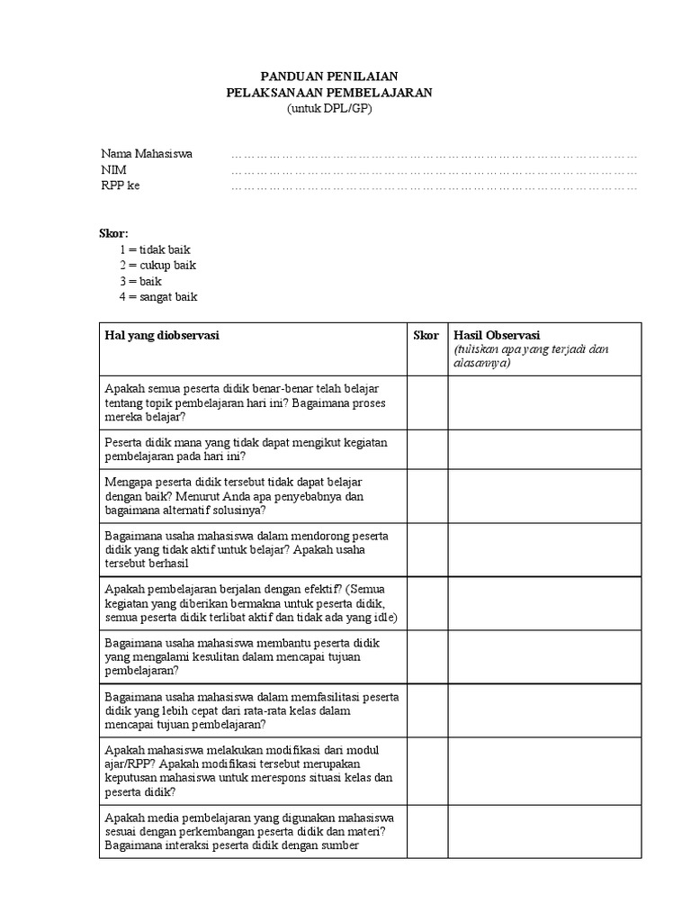 Lampiran 11 - Contoh Panduan Penilaian Pelaksanaan Pembelajaran Oleh DPL Dan GP | PDF