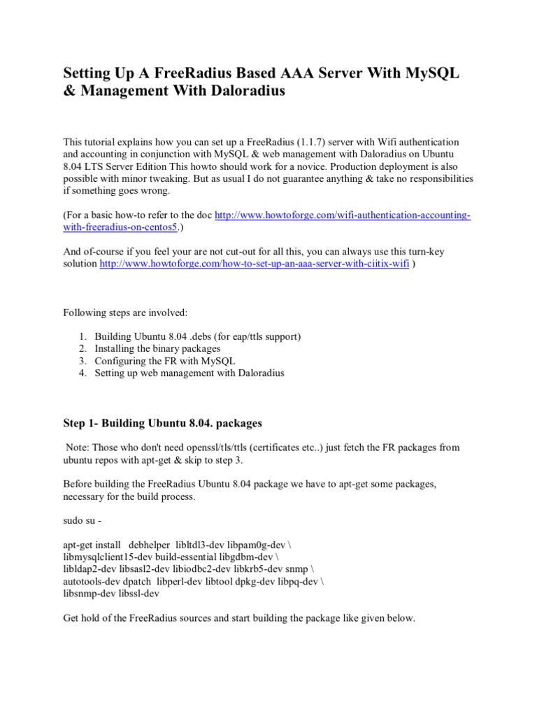 Setting Up A Free Radius Based Aaa Server With Mysql Pdf Radius Advanced Packaging Tool