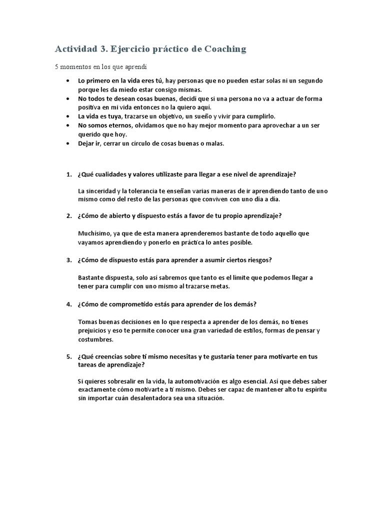 Actividad 3. Ejercicio Práctico de Coaching | PDF