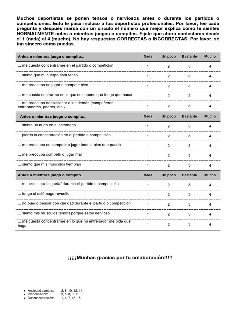 Escala de Ansiedad Competitiva en Deporte | PDF